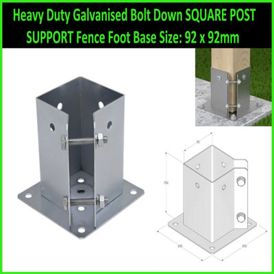 Heavy Duty Galvanised Bolt Down SQUARE POST SUPPORT Fence Foot Base 92x92mm