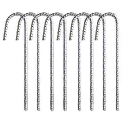 Heavy Duty Galvanised Ground Stakes 30CM x8 (Rebar Tent Pegs J Hook Anchor)