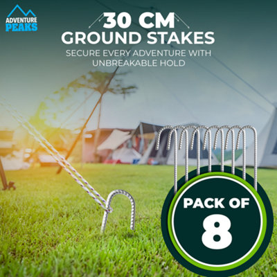 Heavy Duty Galvanised Ground Stakes 30CM x8 (Rebar Tent Pegs J Hook Anchor)
