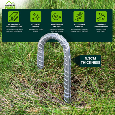 Heavy Duty Galvanised Ground Stakes 30CM x8 (Rebar Tent Pegs J Hook Anchor)
