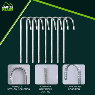 Heavy Duty Galvanised Ground Stakes 30CM x8 (Rebar Tent Pegs J Hook Anchor)