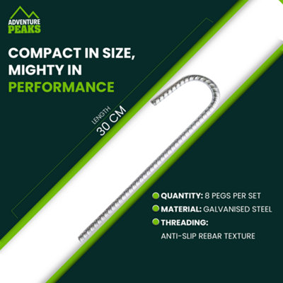 Heavy Duty Galvanised Ground Stakes 30CM x8 (Rebar Tent Pegs J Hook Anchor)