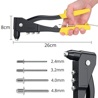 HEAVY DUTY HAND RIVET GUN 4 HEAD NOZZLE RIVETER PLUS 1000 ASSORTED POP ...