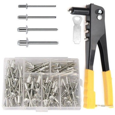 HEAVY DUTY HAND RIVET GUN 4 HEAD NOZZLE RIVETER PLUS 1000 ASSORTED POP ...