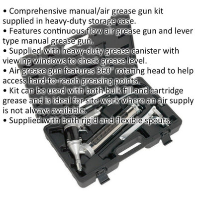 Heavy Duty Manual Air Grease Gun Kit with Rigid and Flexible Spouts