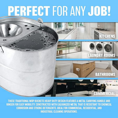 Heavy Duty Metal Mop Bucket Galvanised Strong 16 Litre Capacity ...