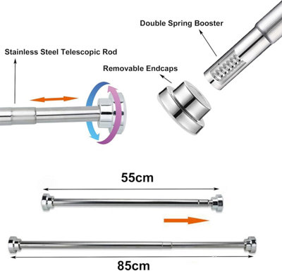 Heavy Duty No-Drill Extendable Telescopic Shower Curtain Rod 55-85cm