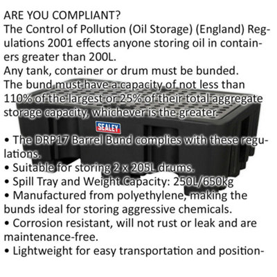 Heavy-Duty Polyethylene Barrel Bund - 1300 x 750 x 440mm for 2 x 205L Drums