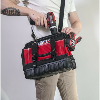 Heavy-Duty Red Tool Bag with Rubber Base and Multiple Pockets