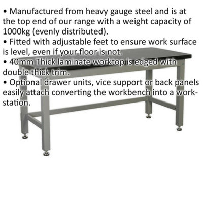 HEAVY-DUTY STEEL INDUSTRIAL WORKBENCH WITH ADJUSTABLE FEET - 1800MM X ...