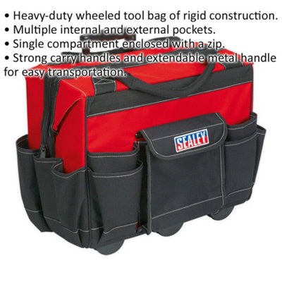 Heavy-Duty Wheeled Tool Bag with Multiple Pockets - Red - 450 x 260 x 420mm