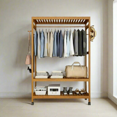 Heavy Duty Wooden Clothes Stand Garment for Open Wardrobe with Wheels