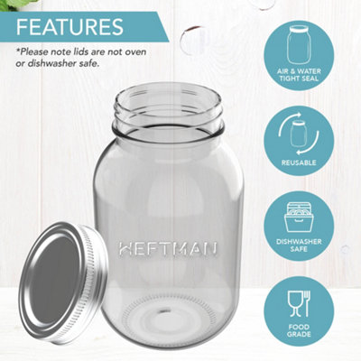 HEFTMAN Mason Glass Jars - 6 Pack (1 Litre)