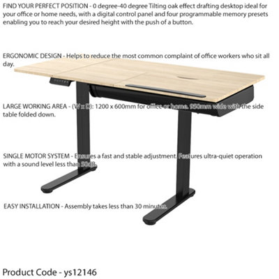 Height Adjustable Black Oak Electric Drafting Desk 1200 x 600mm with ...