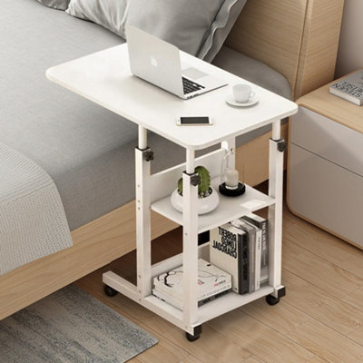 Height-adjustable Mobile Desk with Brake and 2 Anti-fall Storage Shelves