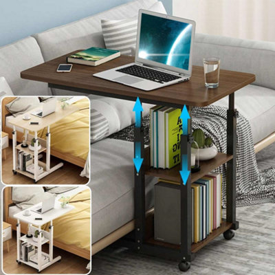 Height-adjustable Mobile Desk with Brake and 2 Anti-fall Storage Shelves