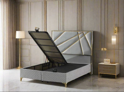 Helix Divan Ottoman Storage Bedframe Kingsize Silver Velvet Gold