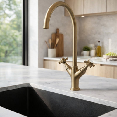 Hemsworth Kitchen Mixer Tap Antique Brass Finish - Dual Cross Handles ...