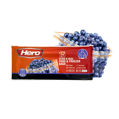 Hero 15 x Sealable Freezer Bags, Large 5L Click Seal Bags Food Reusable ...