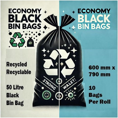 Hero 50L Black Bin Bag Liners 10 x Recycled Eco Strong Rubbish Waste ...