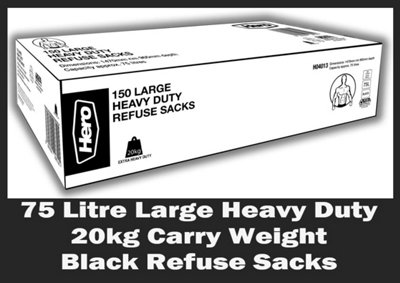 Hero 75l Heavy Duty Bin Bags Black Recycled Refuse Sacks Pack of 150 ...