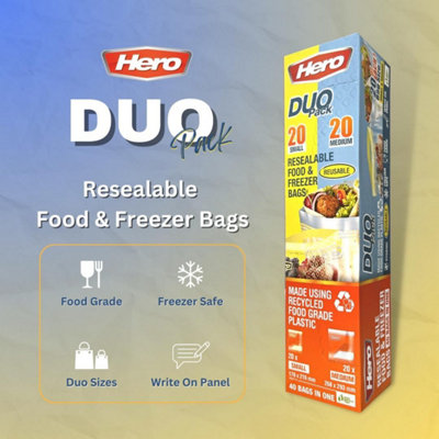 Hero Duo 40 x Sealable Freezer Bags Zip Seal Bags Food Reusable ...