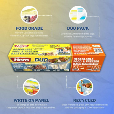 Hero Duo 40 x Sealable Freezer Bags Zip Seal Bags Food Reusable ...