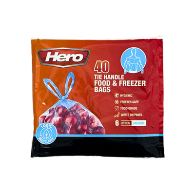 Hero Tie Handle Food & Freezer Bags Medium 6L 40 Pack - Food Reusable ...