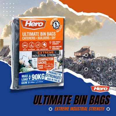 Hero Ultimate 158L Heavy Duty Bin Bags 5 X 90kg Waste Rubbish Bags ...