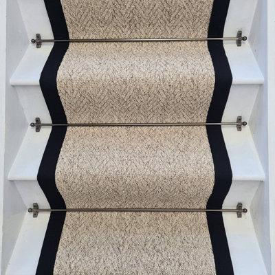 Herringbone Berber Beige Stain Free Stair Runner With 100% Cotton Black ...