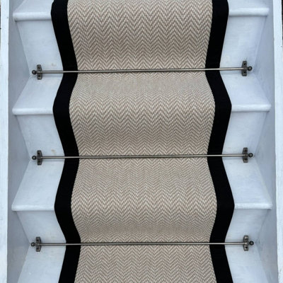 Herringbone Chalk Beige Wool Stair Runner With 100% Black Cotton Border ...