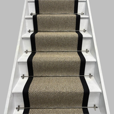 Herringbone Java Beige Stair Runner With 100% Cotton Black Border 55 650