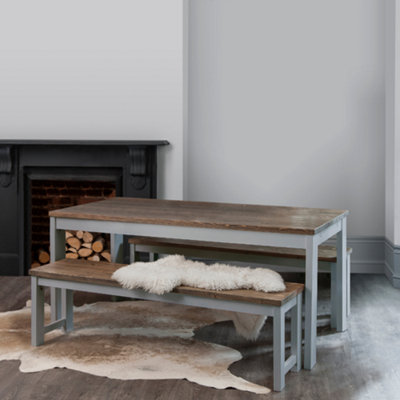 Hever Dining Table with 2 Benches & 2 Extensions in Grey and Dark Pine ...