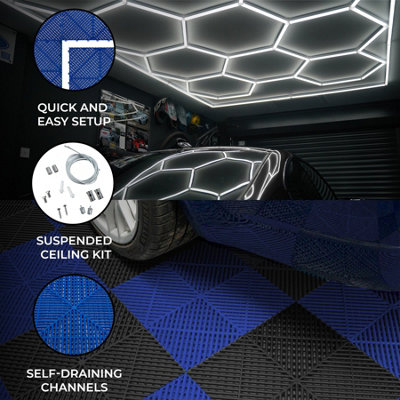 Hexagon LED Lights x 2 & Vented Garage Floor Tiles With Edges - 120 ...