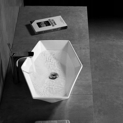 Hexagonal White Ceramic Countertop Basin Bathroom Sink W 580 mm