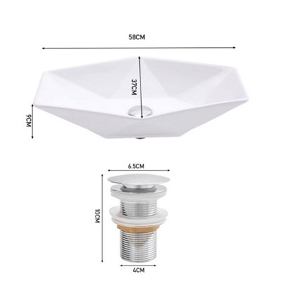 Hexagonal White Ceramic Countertop Basin Bathroom Sink W 580 mm