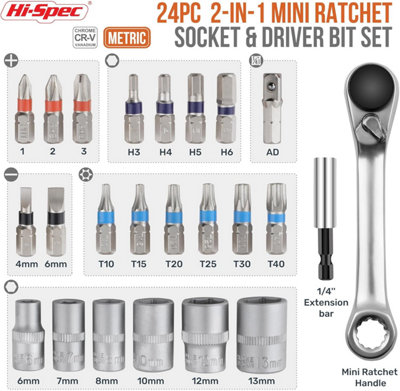 Hi-Spec 24pc Compact 1/4" Metric Socket, Small Screwdriver Cr-V Bits ...