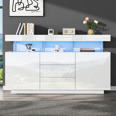 High Gloss White LED Sideboard Cabinet with 3 Drawers & 2 Doors - 140cm ...