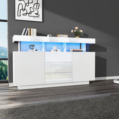High Gloss White LED Sideboard Cabinet with 3 Drawers & 2 Doors - 140cm ...