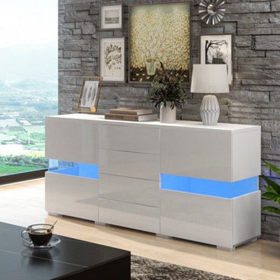 High Gloss White Sideboard Cabinet Storage Cupboard Unit 16 colours LED Lighted for Dining Room Living
