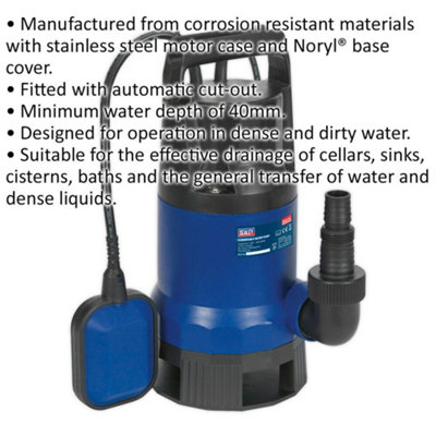 High Performance Submersible Dirty Water Pump 133L Min Automatic Cut Out 400W Motor 230V