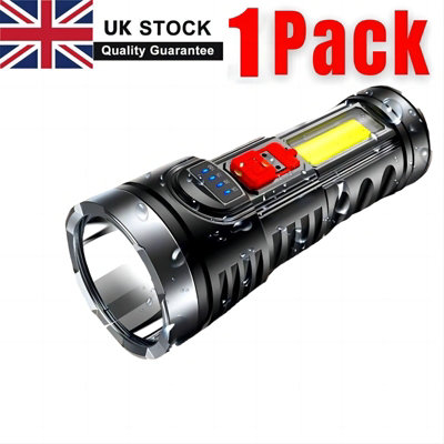 High Powered LED Torch - Super Bright, USB Rechargeable with COB Side ...