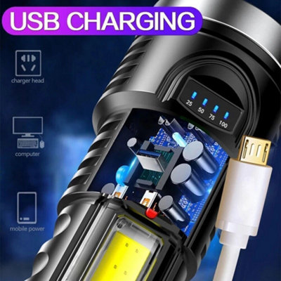 High Powered LED Torch - Super Bright, USB Rechargeable with COB Side ...