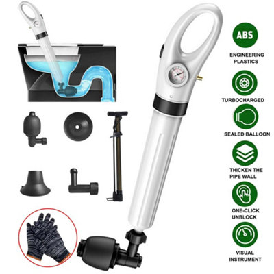 HIGH PRESSURE DIY AIR DRAIN UNBLOCKER PLUNGER KIT FOR SINKS, TOILETS ...