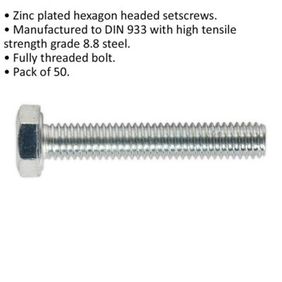 High-Quality M6 x 35mm Zinc Setscrew Pack of 50 - Grade 8.8 Fully ...