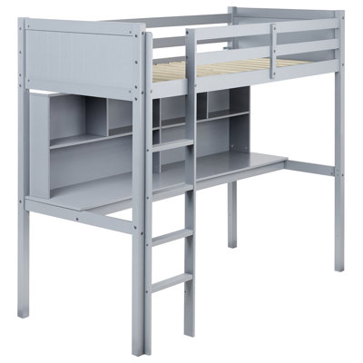 High Sleeper Bed with Desk Pine Wood FOUCAMONT 90 x 200 cm (EU Single) Grey
