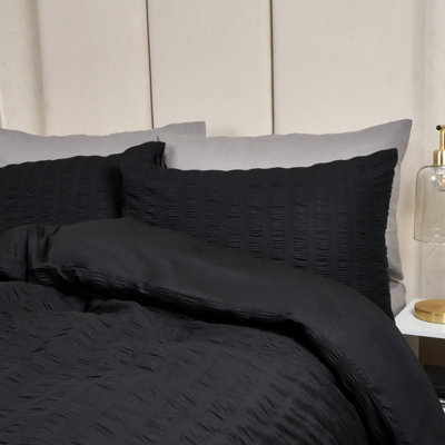 Highams Seersucker Duvet Cover with Pillow Case Bedding Set Black Super King