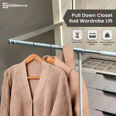 Highdecora Pull Down Wardrobe Rail, Adjustable Width 60-83cm, Soft ...