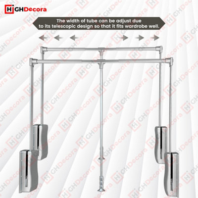 Highdecora Pull Down Wardrobe Rail, Adjustable Width 60-83cm, Soft ...