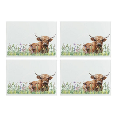 Highland Cow & Calf Glass Placemats Set - Countryside Farm Animals ...